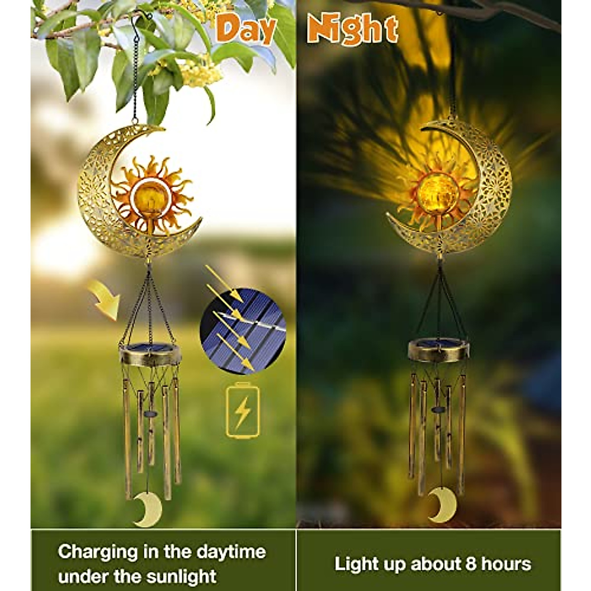 JYPS Sun Moon Solar Wind Chimes for Outside Crackle Glass Ball Waterproof Wind Chimes Outdoor Clearance Deep Tone Garden Decor Birthday Unique Gifts for Women Mom Grandma Windchimes Gardening