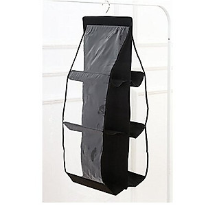 Greenery 6 Pockets Hanging Closet Organizer Clear Easy Accees Anti-dust Cover Handbag Purse Holder Storage Bag Collection Shoes Clothes Space Saver Bag with a Hanging Hook (Black)