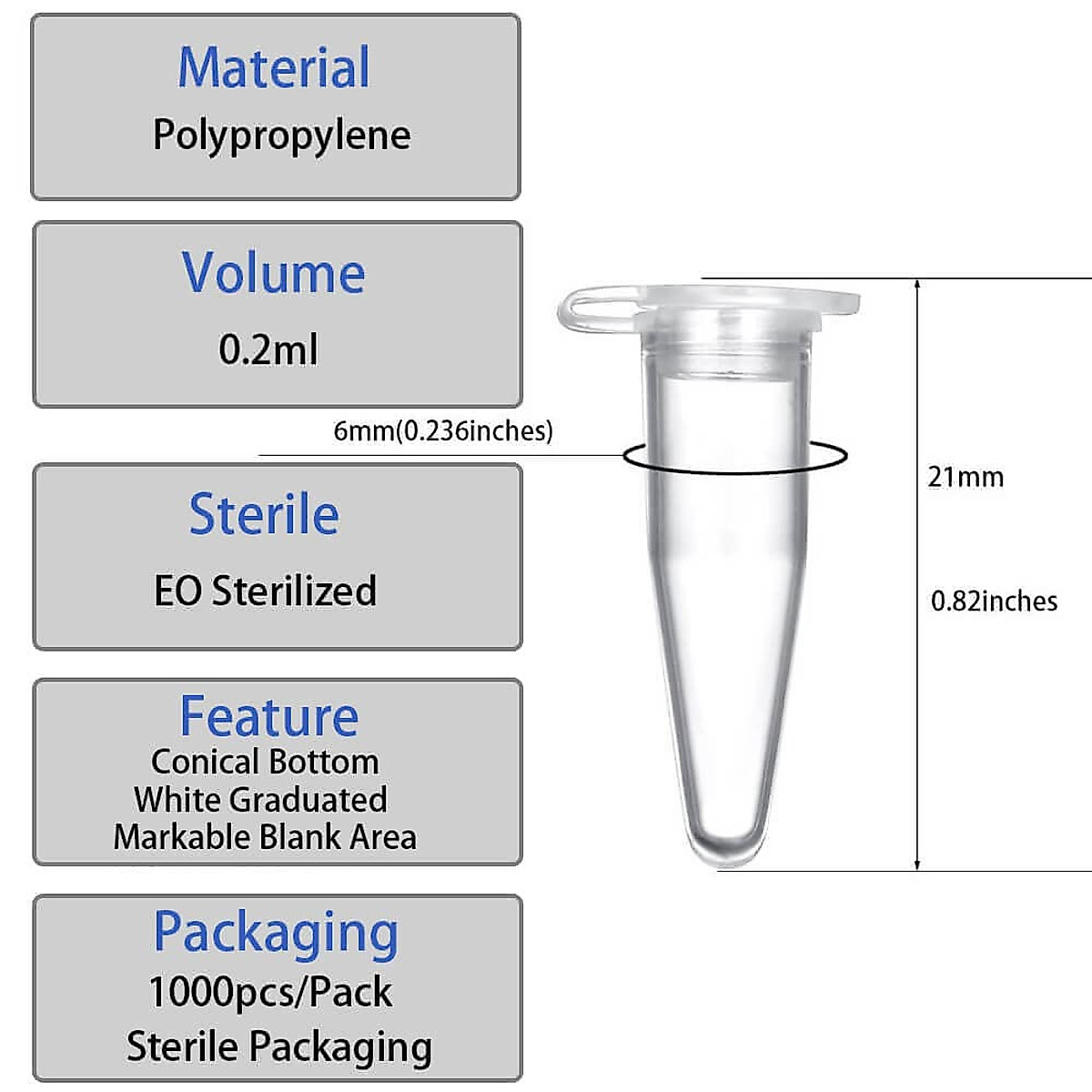 BKMAMLAB 0.2ml Microcentrifuge Tubes 1000 Pieces, EO Sterilized Plastic Small Vials with Caps for Sample Storage without Leakage(1000)
