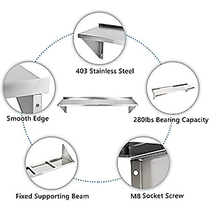 MYOYA Stainless Steel Shelf 12" x 48" 280lbs Heavy Duty Metal Shelves NSF Commercial Wall Mounted Floating Shelving with Backsplash and Brackets for Kitchen Restaurant Bar Hotel and Garage