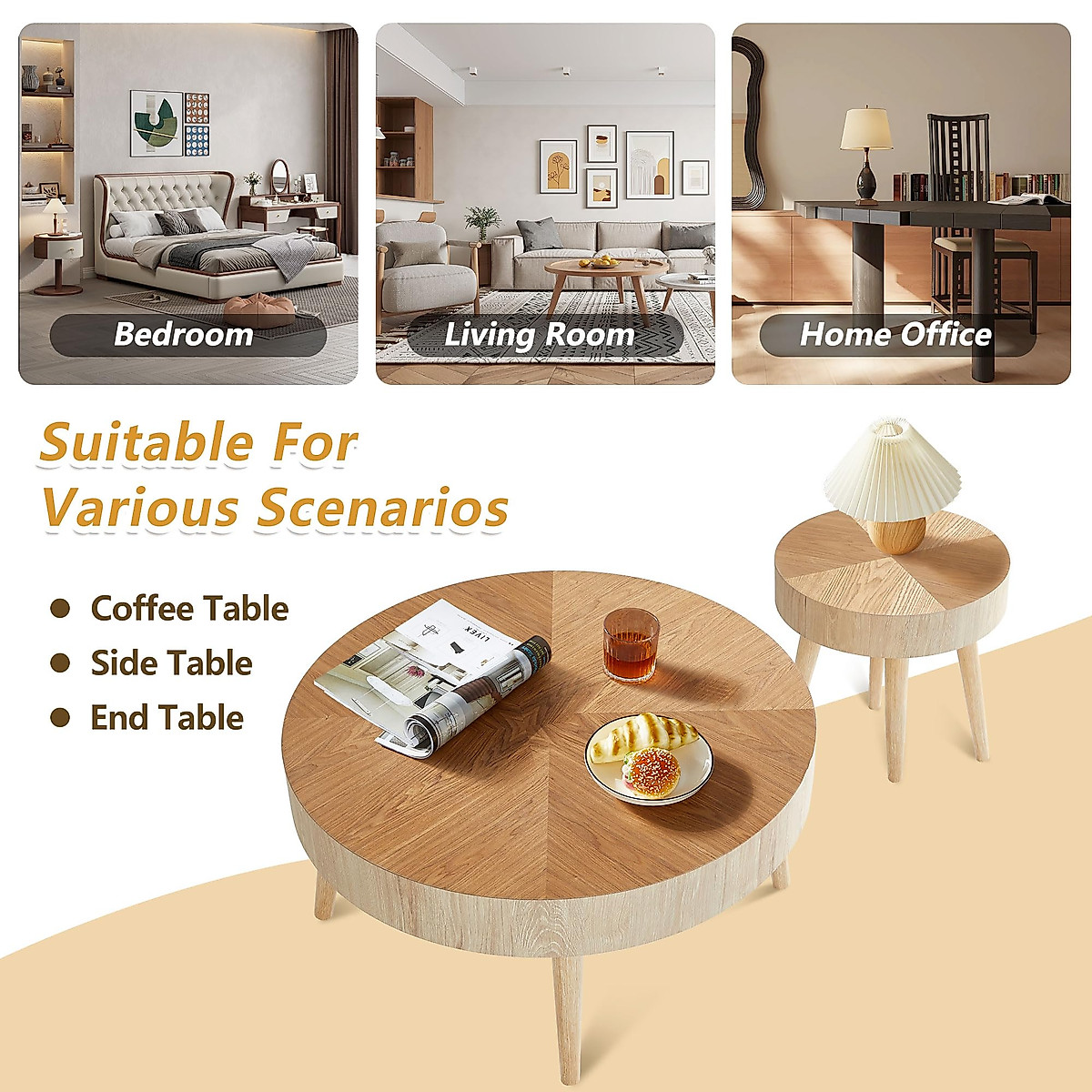 AVZEAR Nesting Round Coffee Table Set of 2, Farmhouse Modern Coffee Table, Natural Wood Nesting Tables Boho Side Table End Table Set for Living Room Bedroom, Cafe, Office, Wood Color