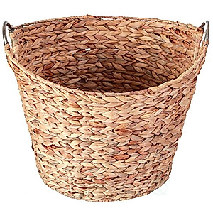 Vintiquewise Large Round Water Hyacinth Wicker Laundry Basket with Metal Handles