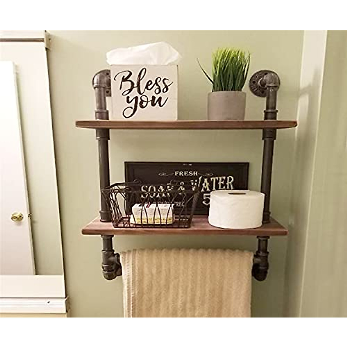 Industrial Pipe Shelf,20in Metal Towel Racks for Bathroom,2-Layer Industrial Pipe Floating Shelves Shelving,Rustic Wood Wall Mount Shelf with Towel Bar,Iron Towel Holder