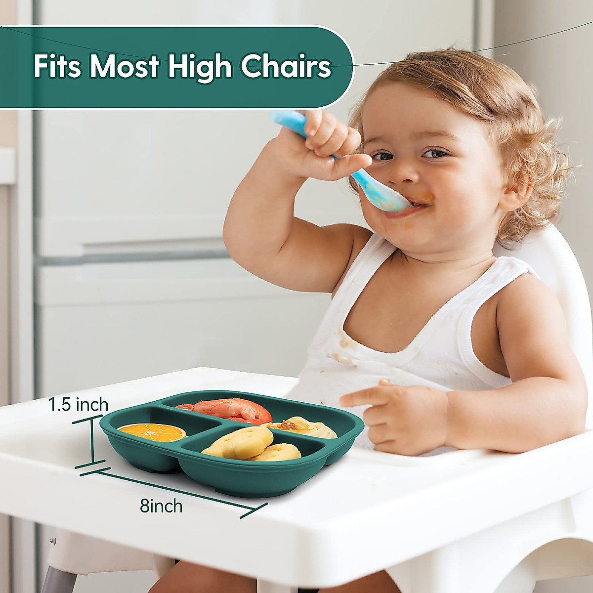 BABELIO Powerful Suction Plates for Baby and Toddler, 100% Food Grand Silicone Divided Baby Plates, BPA Free, Microwave & Dishwasher Safe, Stay Put with 4 Suction Cups, 3 Pack