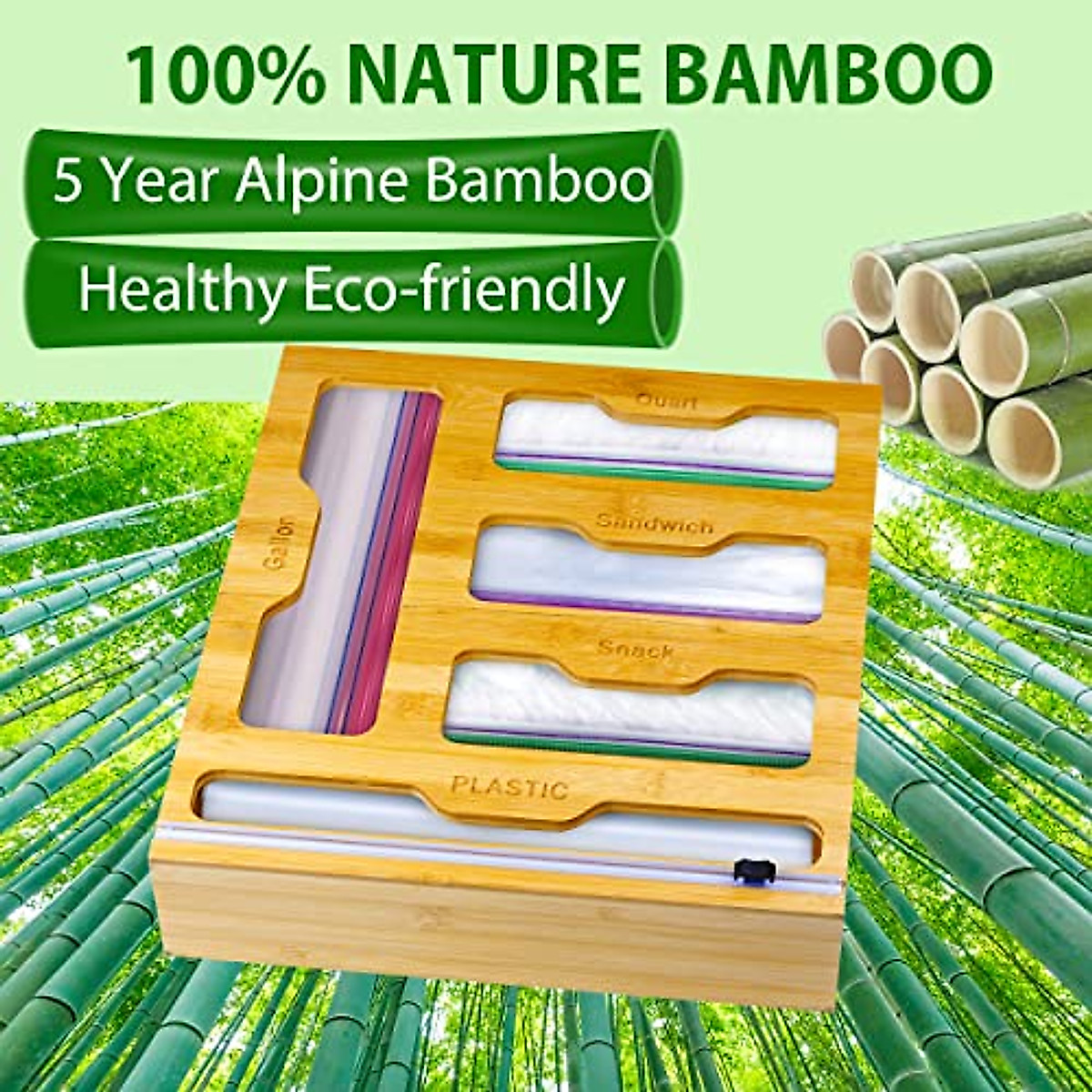 Plastic Bag Organizer for Kitchen Drawer, Bamboo Baggie Organizer and Wrap Dispenser with Cutter, Bag storage organizer Compatible with Gallon Quart Sandwich Solimo Glad Snack Variety Size Bag