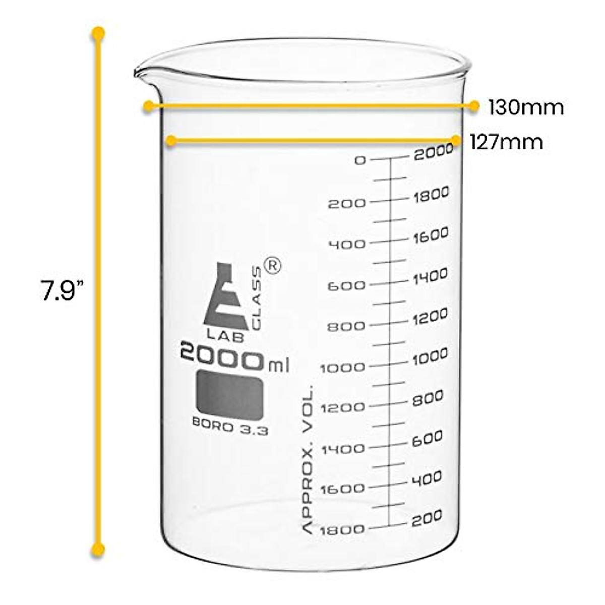 EISCO Beaker, 2000ml - ASTM - Low Form with Spout - Dual Scale, White Graduations - Borosilicate 3.3 Glass