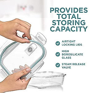 Razab 24 Pc Glass Food Storage Containers Airtight Lids Microwave/Oven/Freezer & Dishwasher Safe - Steam Release Valve BPA/ PVC-Free -Small & Large Reusable Round, Square & Rectangle Bento Containers