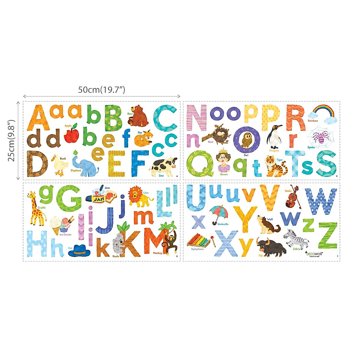 DECOWALL DS8-1608 Watercolour Animal Alphabet ABC Kids Wall Stickers Decals Peel and Stick Removable for Nursery Bedroom Living Room Art murals Decorations