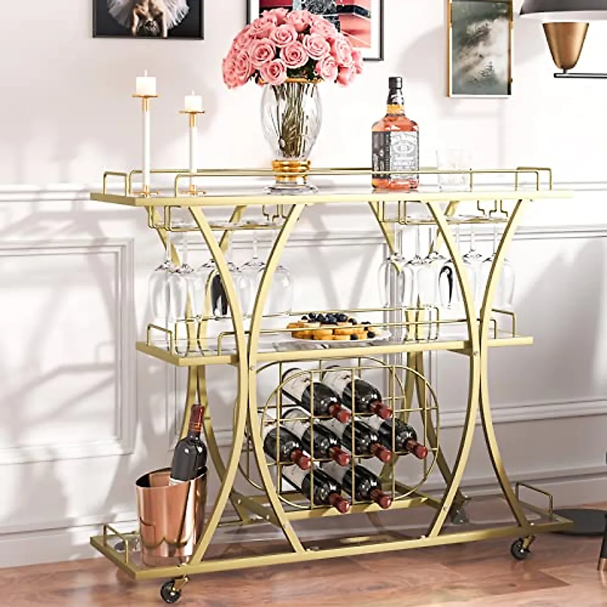 VEVOR Bar Cart Gold, 3 Tiers Home Bar Serving Cart on Lockable Wheels, Rolling Alcohol Cart with Tempered Glass Shelves Guardrail Wine Rack, Modern Wine Cart for Home Kitchen Dining and Living Room