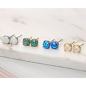 18K Gold Plated Opal Stud Earrings for Women Sterling Silver 5mm Solitaire Green Opal 4 Prongs Setting Simple Women Earrings