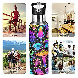 Oarencol Colorful Mushrooms Water Bottle Rainbow Star Stainless Steel Vacuum Insulated with Straw Lid 20 Oz