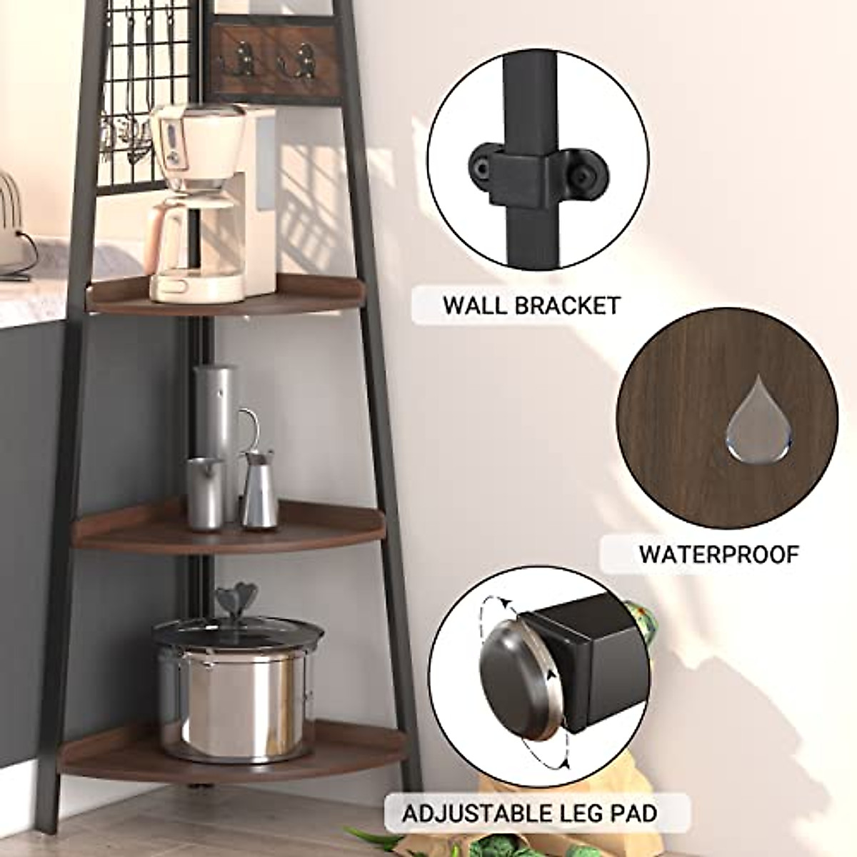 Kingfun 72 Inch Corner Shelf, 5 Tier Tall Corner Bookshelf with Hooks, Wood & Metal Corner Bookcase, Corner Ladder Shelf Decor for Living Room, Bedroom, Bathroom, Kitchen, Home Office (Brown)