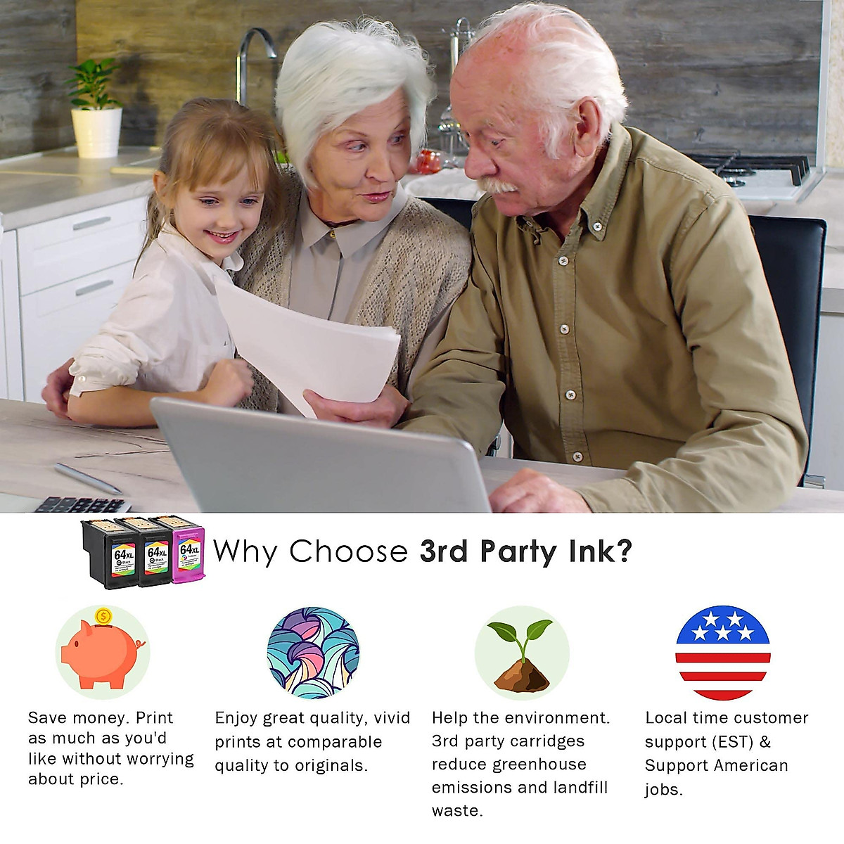 Limeink Remanufactured Ink Cartridge Replacement for HP 64 XL 64XL for Envy Photo 6232 6252 6255 6258 7155 7158 7164 7800 7855 7858 7864 Inkjet Printers (Combo Pack - 2 Black and 1 Color)