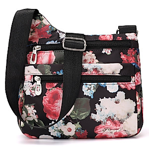 STUOYE Nylon Multi-Pocket Crossbody Purse Bags for Women Travel Shoulder Bag (Night Rose)