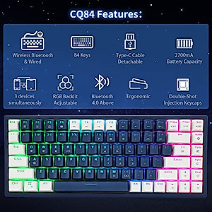 CQ84 Wireless Mechanical Gaming Keyboard, Compact 84 Keys, Programmable RGB Backlight, 60% Keyboard, Blue and White Keycaps for Ipad, Android/windows Tablet, Desktop, PC Gamer(Brown Switch)