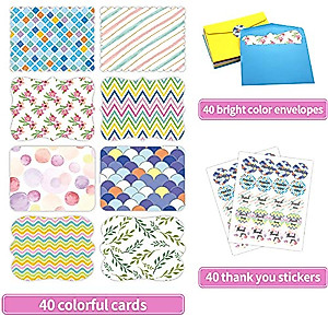 FANCY LAND 40 Single Panel Blank Cards with Envelopes Bright Pattern Watercolor Colorful Greeting Note Cards Office School Home Kids