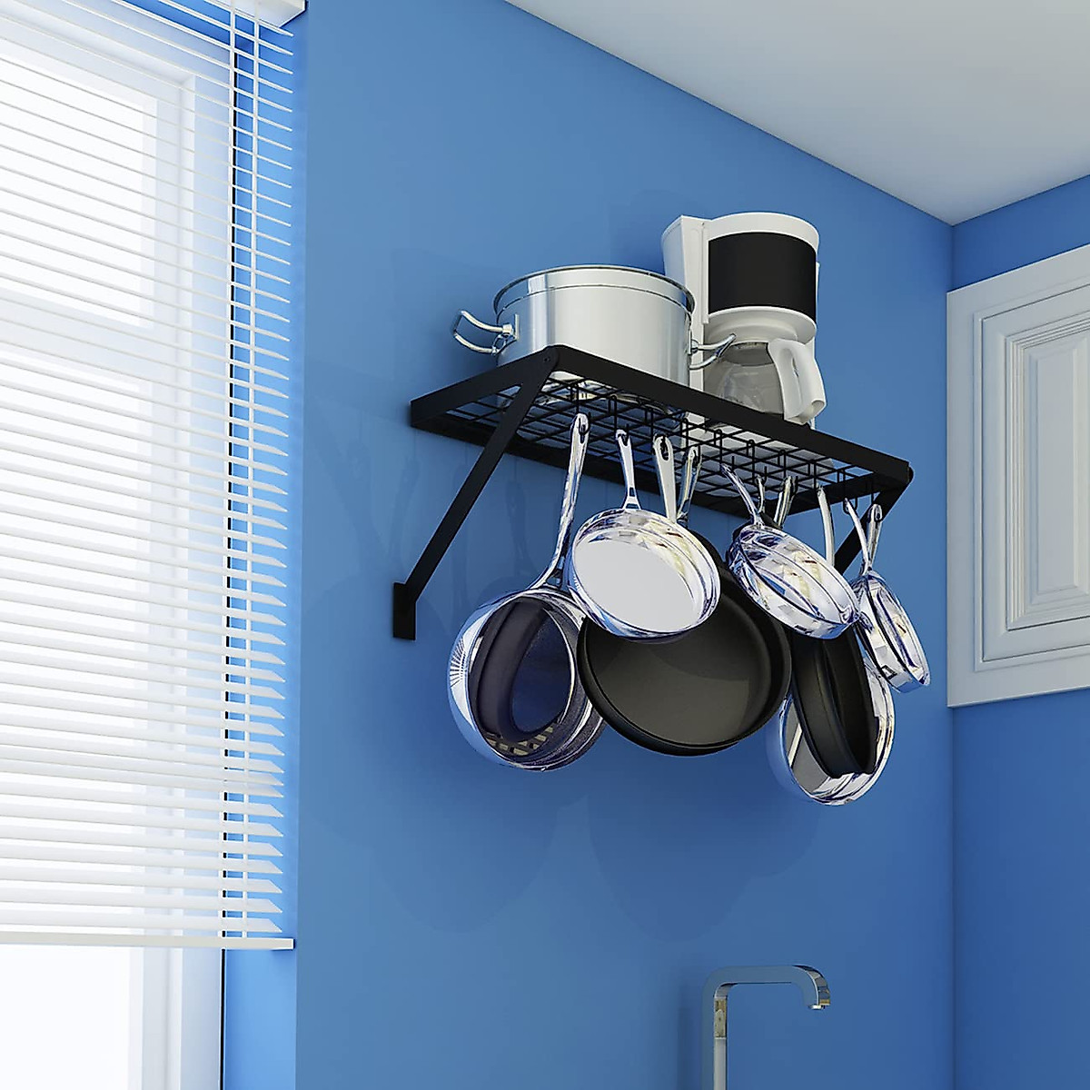 Hoooh Square Grid Wall Mount Pot Rack Storage Shelf with 10 Hooks, Kitchen Cookware Hanging Organizer, Black, KPR301A-BK