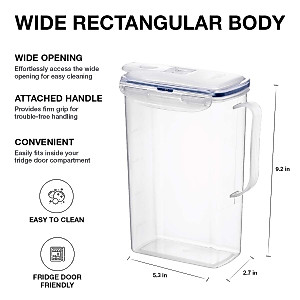 LocknLock Aqua Fridge Door Water Jug with Handle BPA Free Plastic Pitcher with Flip Top Lid Perfect for Making Teas and Juices, 2 Quarts, Clear