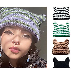 Women Harajuku Knitted Crochet Hats Striped Cat Beanie Grunge Accessories Slouchy Beanies for Women Black