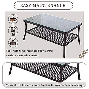 4 Piece Patio Furniture Set Outdoor Wicker Sectional Sofa Conversation Sets, with Modern Glass Coffee Table Desktop and Storage Shelf, Beige All Weather Patio Rattan Chair Sofa Set (D)