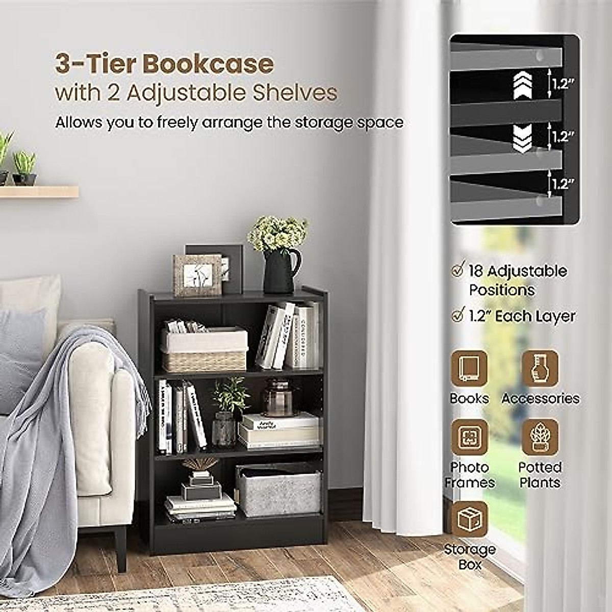 Giantex 3-Cube Bookcase Black - 3-Tier Modern White Open Bookshelf with Adjustable Shelves, Anti-Tipping Device, Small Wood Cube Storage Organizer for Kid’s Room, Living Room, Bedroom
