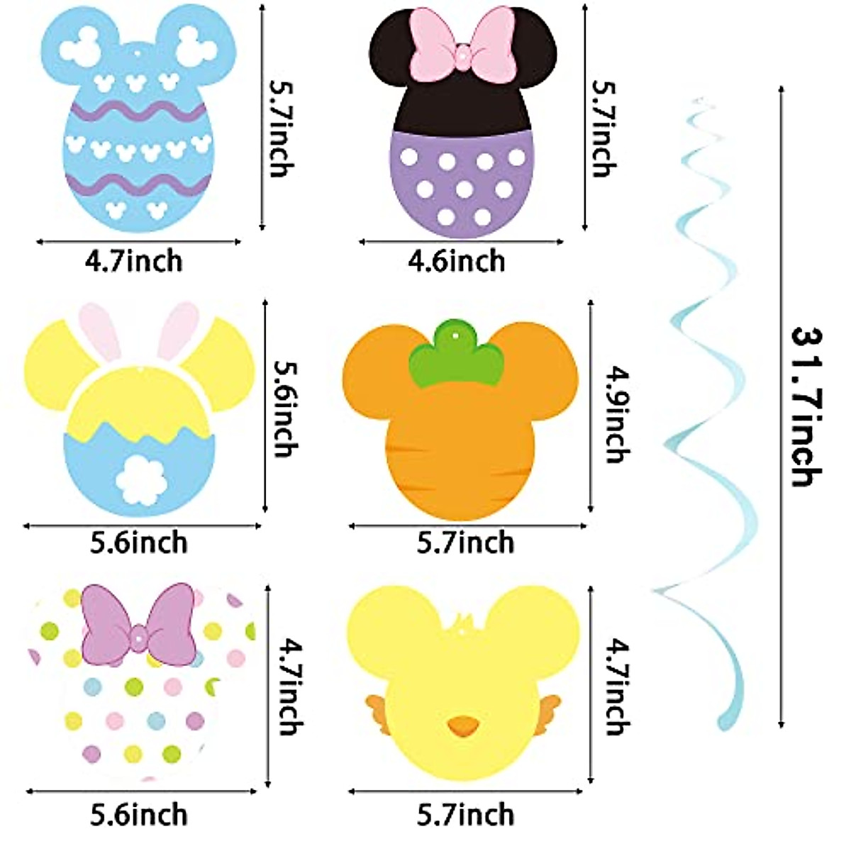 Eartim 30Pcs Easter Mouse Inspired Swirls Hanging Decorations, Mouse Head Hanging Swirls Whirl Foil Ceiling Streamers for Spring Holiday Easter Party Decor Mouse Theme Birthday Party Favor Supplies