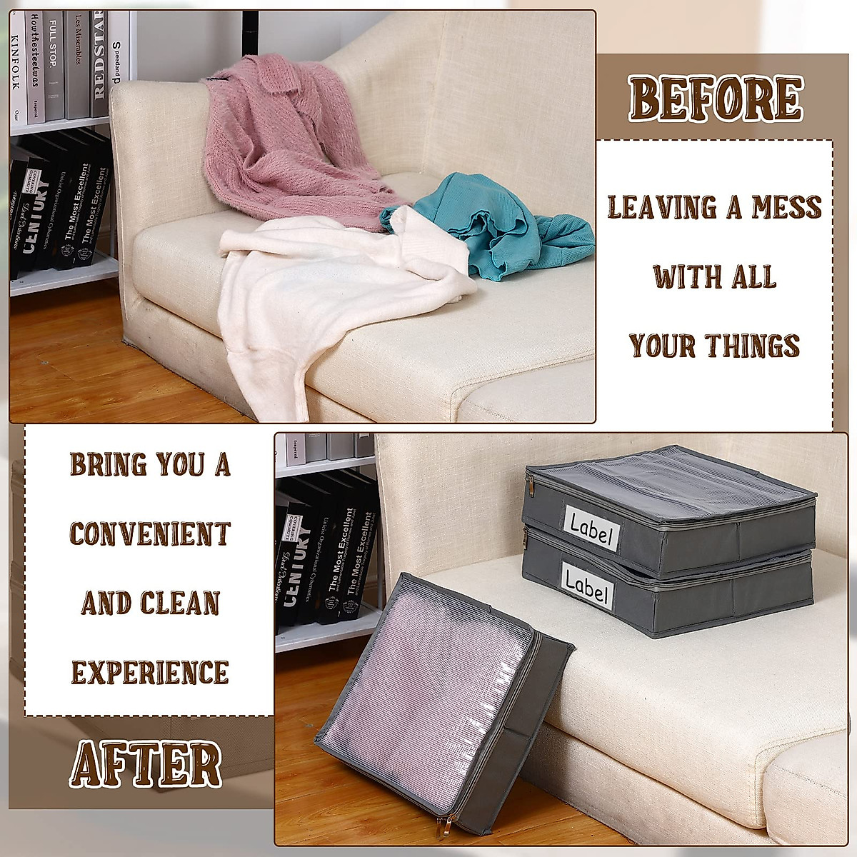 Panelee 6 Pcs 14 x 12 x 3 Inch Sweater Storage Bags Easy Gliding Zippered Sweater Bag Sweater Organizer Closets Under the Bed Zippered Storage Bags with Label Pocket to Avoid Dust Dirt (Gray)