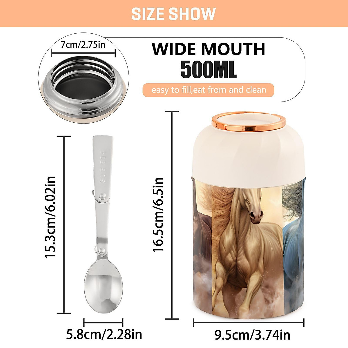 Horse Colorful Kids Womens Insulated Food Jar Containers with Spoon 17oz/500ml Food Jar For Hot Food Stainless Steel Vacuum Food Warmer Soup Containers for Keep Food Warm
