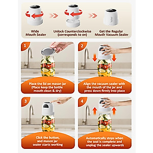 Electric Mason Jar Vacuum Sealer Kit - 3 in 1 Automatic Vacuum Sealer for Wide & Regular Mouth Mason Jars Vacuum Bags, Rechargeable Portable Vacuum Sealer for Jars for Food Storage