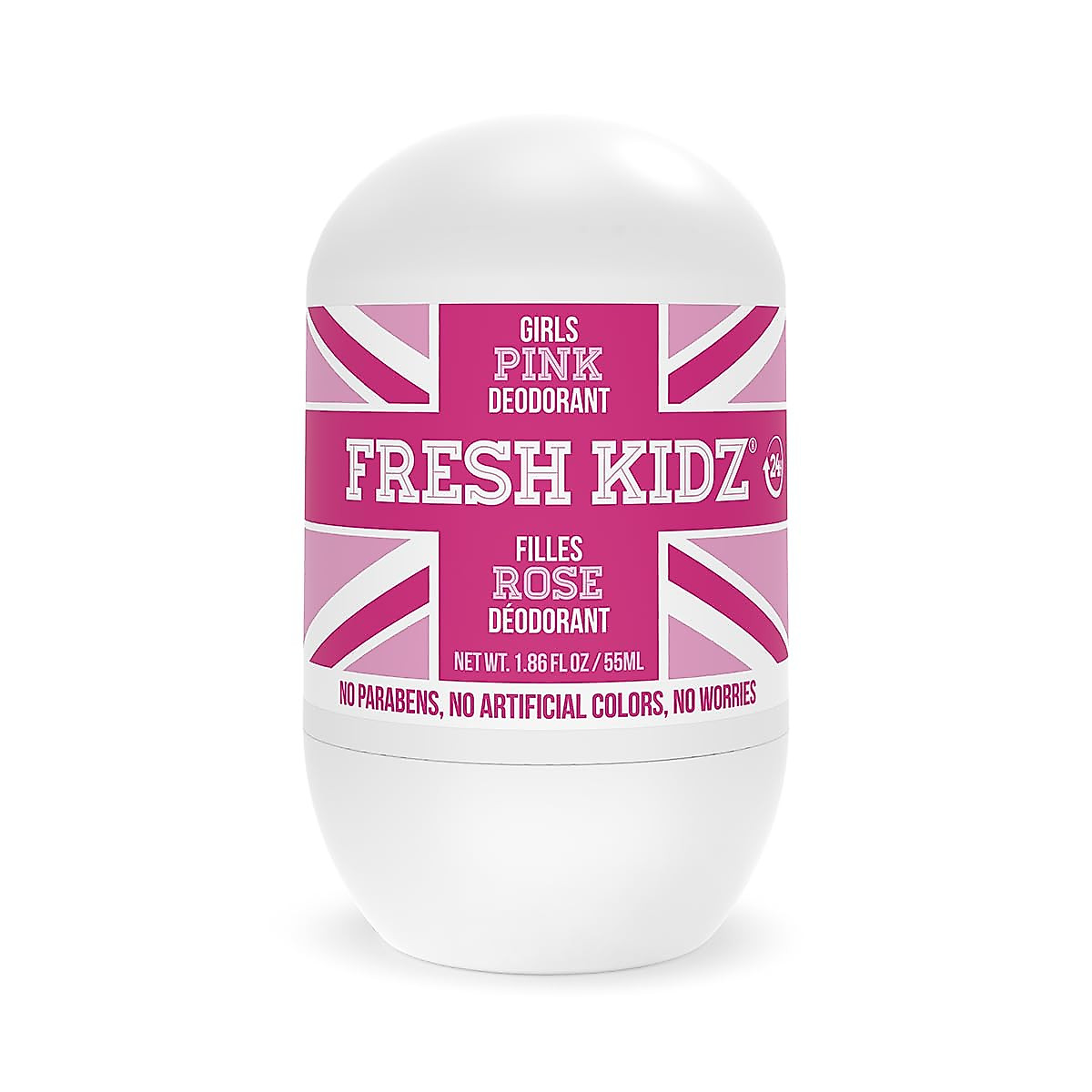 Fresh Kidz Pink Girls Roll On Deodorant - 1.86 fl oz Baking Soda and Aluminum Free 24 Hour Protection for Sensitive Skin