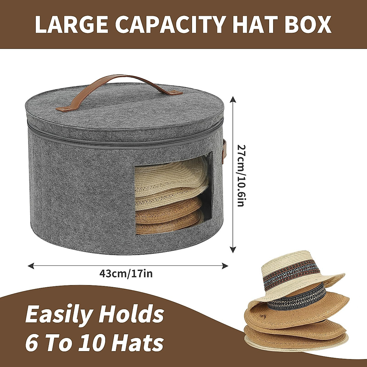 Qozary Reinforced Hat Storage Box - Hat Organizer for Women & Men Storage, Cowboy Hat Box with Support Panels, Hat Travel Case for Baseball Caps, Straw Hats - Keep Dust Off Your Hats