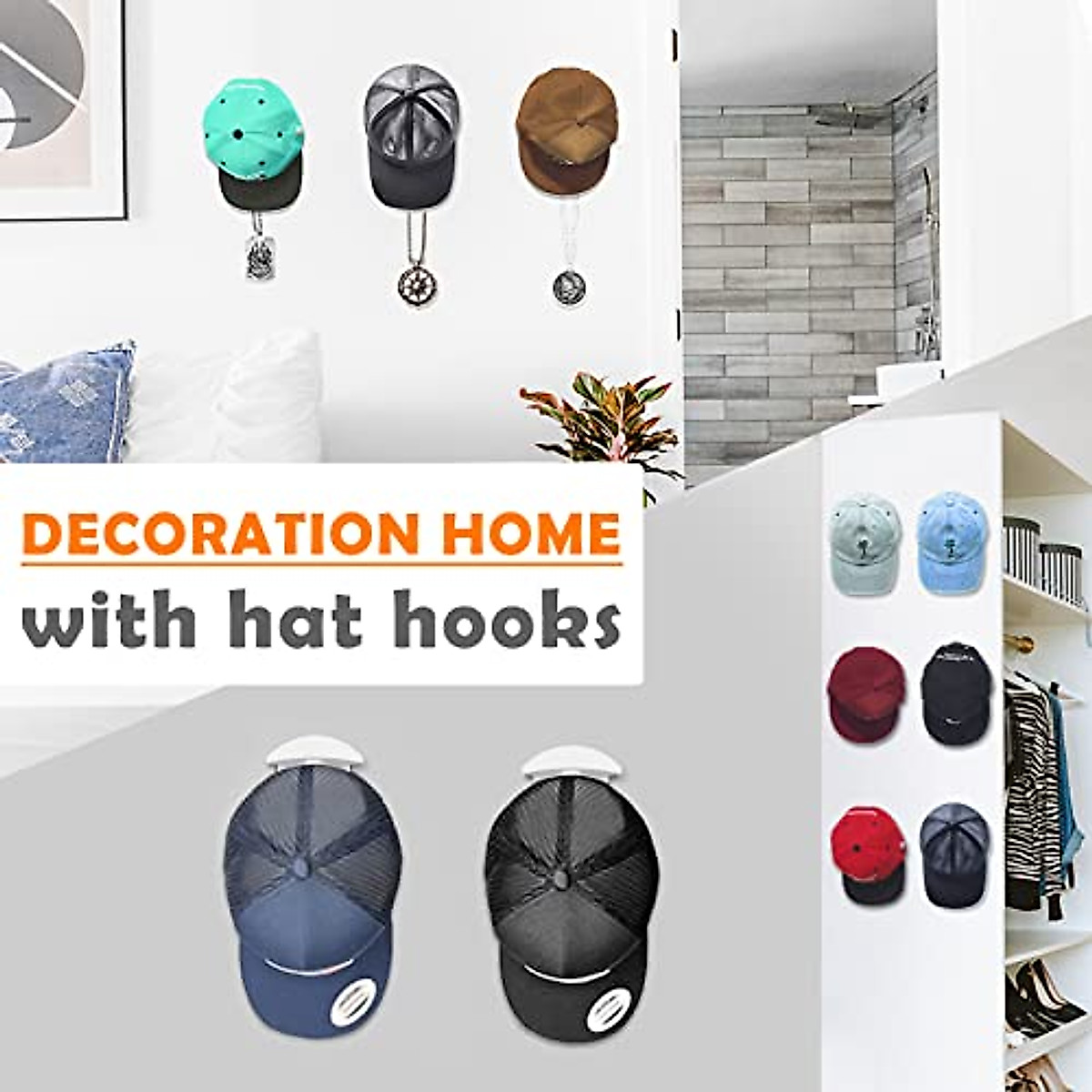 Hat Hangers for Wall Hat Hooks for Wall Wall Mount Hat Rack for Hat and Necklace Display Baseball Hat Holder Organizer Hanger Hat Hooks for Baseball Caps Self-adhesive No Drilling(20 Count, Black)