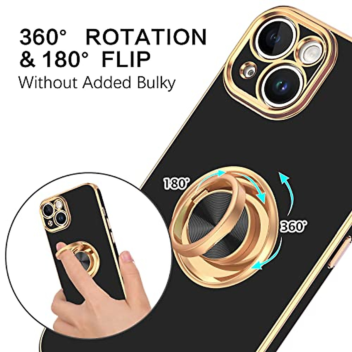 VENINGO iPhone 14 Case,Phone Cases for iPhone 14,Slim Fit Soft 360° Ring Holder Kickstand Magnetic Car Mount Supported Easy Clean Shockproof Protective Cover for Apple iPhone 14 6.1" 2022,Black/Golden