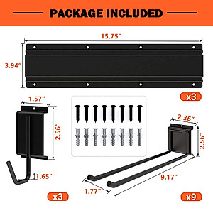 Yimeka Garage Wall Mount Storage Power Tool Organizer, 15 Piece Garden Tool Rack with 12 Adjustable Heavy Duty Storage Hooks, 48" Ladder Hanger, Max Load 300 lbs Shovel Rack Storage System for Yards