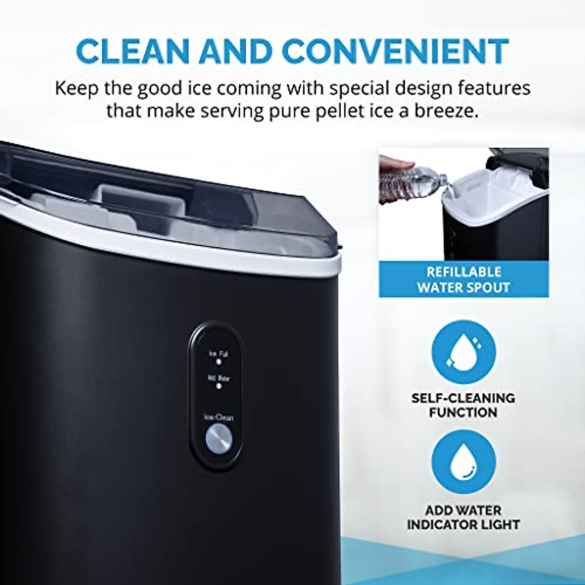 Newair Nugget Countertop Ice Maker Machine | 26 lbs. | Electric Sonic Ice Maker in Matte Black, Self-Cleaning Function, Refillable Water Tank, Perfect Canes Ice for Kitchens, Offices, Home Coffee Bars