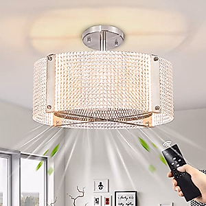 Zhizenl Ceiling Fans with Lights, Crystal Modern Flush Mount Ceiling Fan with Remote Control, Dimmable LED 6 Wind Speeds Low Profile Caged Ceiling Fan with Light for Bedroom Living Room