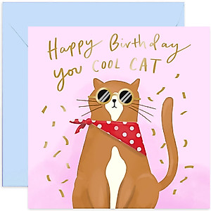 Old English Co. Cool Cat Birthday Card - Metallic Gold Foil Funny Cute Animal Greeting Card for Her and Him| Birthday Wishes for Women and Men | Blank Inside & Envelope Included