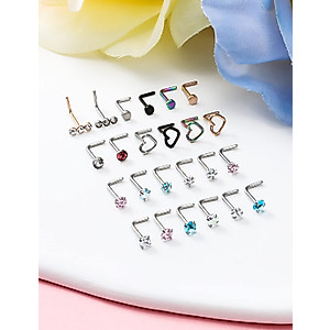 Hoeudjo 20G Nose Rings Surgical Steel Nose Ring Studs Heart CZ Inlaid Piercing Jewelry for Women Men Girls