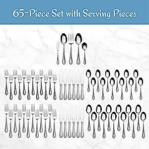Mikasa Regent Bead 65 Piece Silverware Set, 18.10 Polished Mirror Stainless Steel, Service for 12 with Serving Set