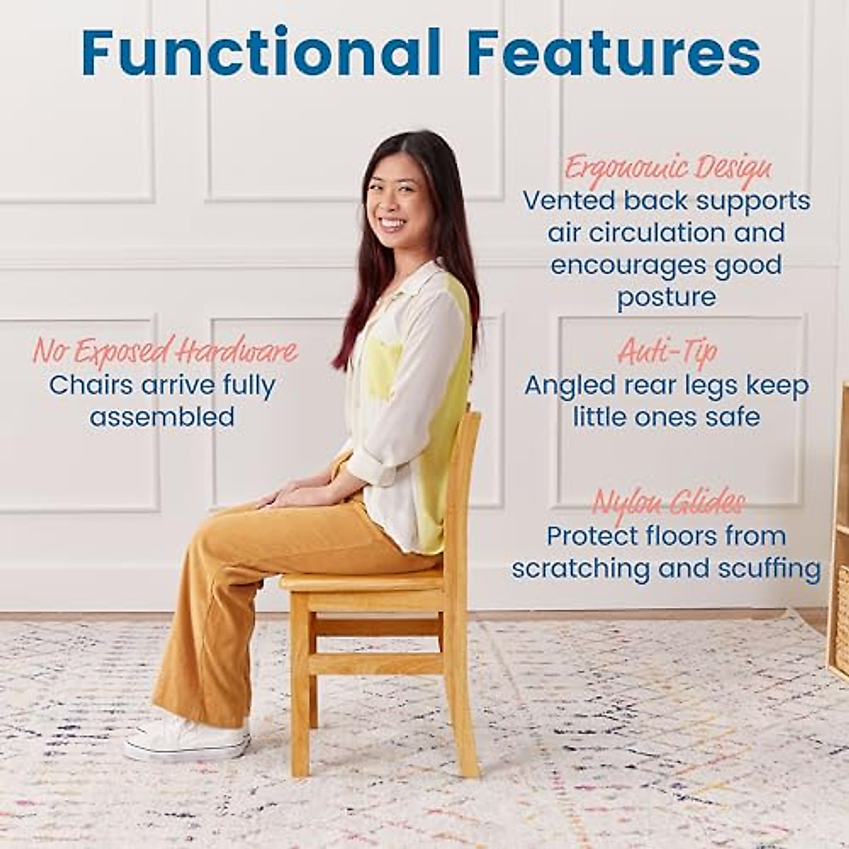 ECR4Kids Three Rung Ladderback Chair, 16" Seat Height, Classroom Seating, Honey, 2-Pack