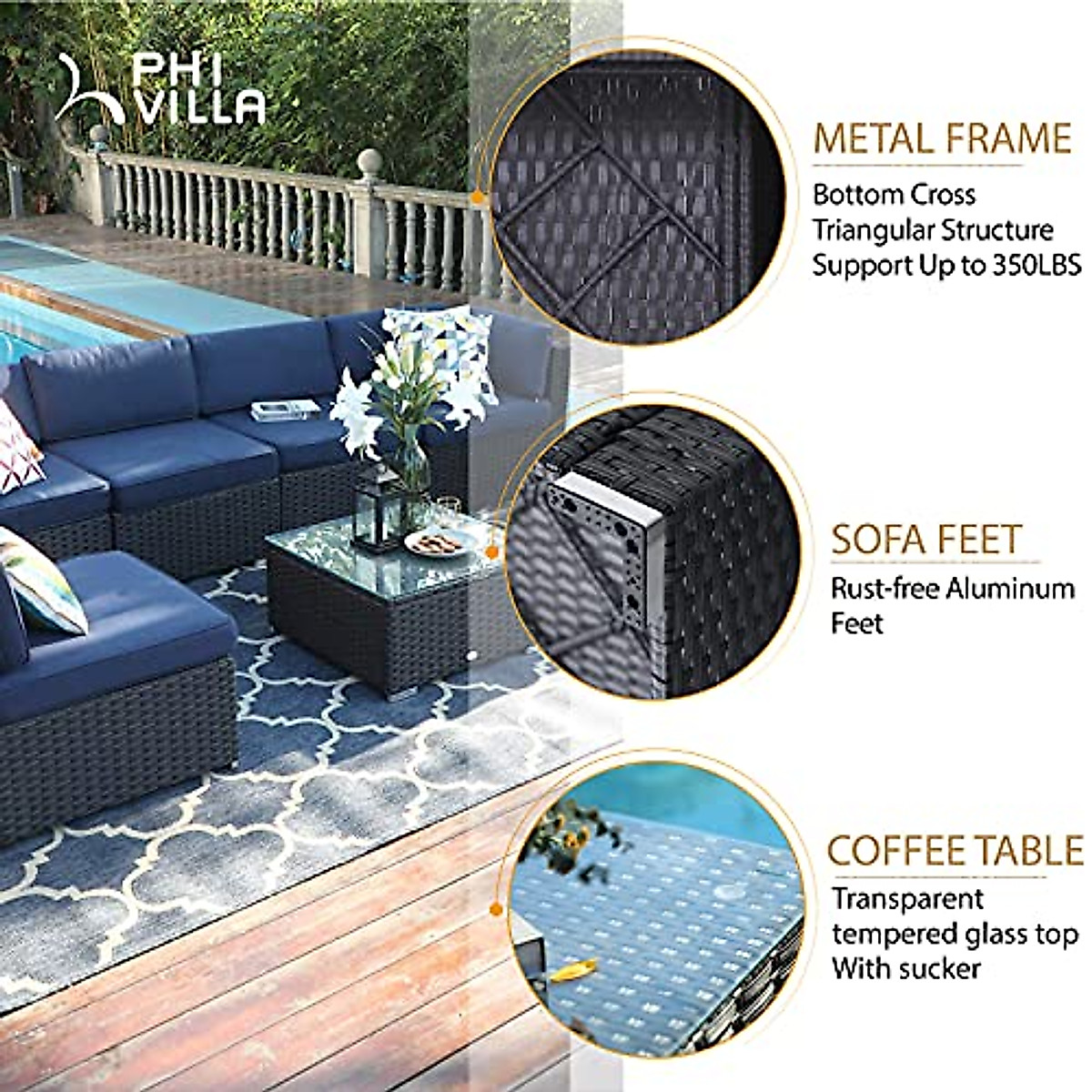 PHI VILLA Patio Furniture Set Outdoor Wicker Sectional Sofa, Low Back Rattan Patio Conversation Set for Large Space with Tea Table, Clips & Washable Couch Cushions(9 Piece, Navy Blue)