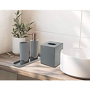 Bathroom Accessories - Set of 4 Includes Decorative Soap Lotion Dispenser, Tumbler, Tissue Box, Tray for Modern Farmhouse Bath Decor Kitchen Countertop Organizer Housewarming Gift - Grey