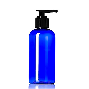 Aromine Essentials 4oz Plastic Cobalt Blue Bottles (6 Pack) BPA-Free Squeeze Containers with Pump Cap, Labels Included