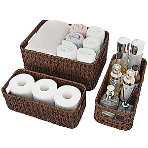 GRANNY SAYS Wicker Baskets for Shelves, Toilet Basket Tank Topper, Nesting Decorative Woven Basket Set for Storage, Waterproof Storage Baskets with Handles, Brown, 3-Pack