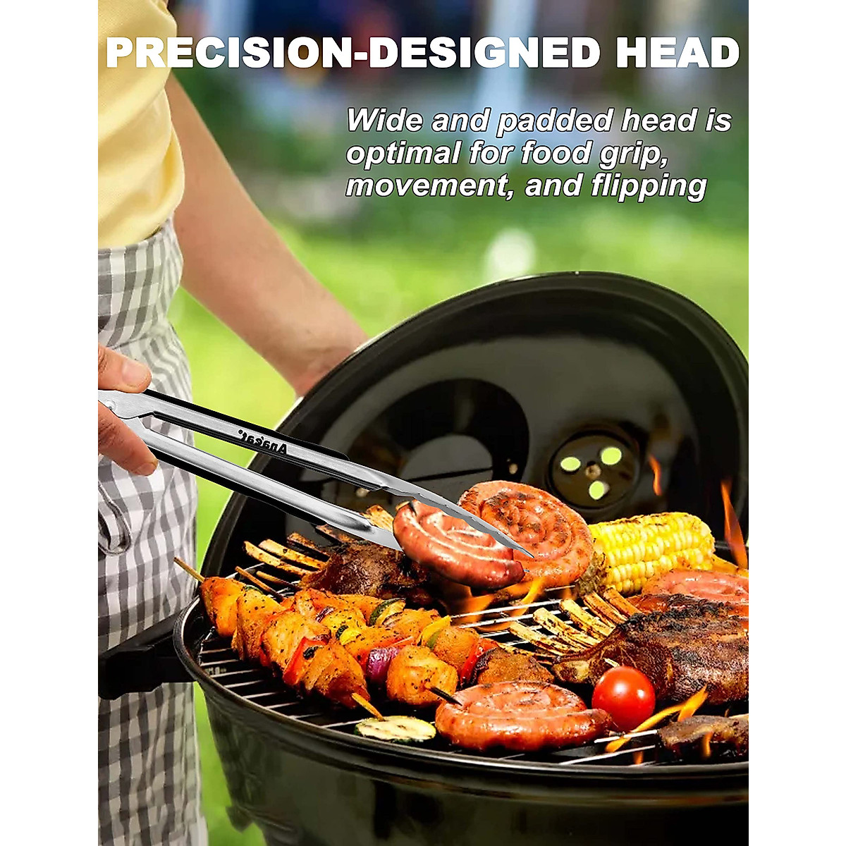 Anaeat Premium Kitchen Locking Tong Set of 3 - Heavy Duty Stainless Steel Food Tongs with Long Handle & Non-Slip Silicone Grip for Cooking, Baking, Grilling - Heat Resistant up to 480°F