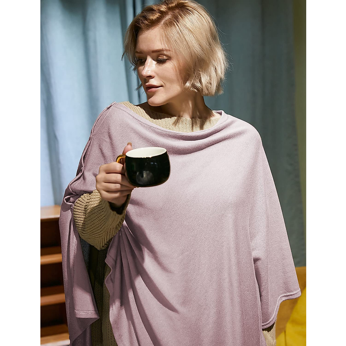 MissShorthair Women's Lightweight Knitted Scarf Poncho Sweater Cape Shawl Versatile Spring Summer Ponchos Wraps Pink