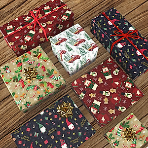 GIOLNIAY Christmas Wrapping Paper for Kids Boys Girls - Wrapping Paper Christmas Bundle with Santa, Green Stockings, Red Truck, Woodland Designs - 6 Jumbo Sheets (28 x 40 inches), Easy to Store