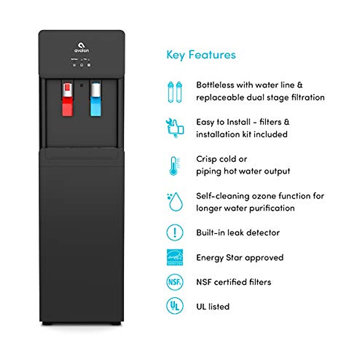 Avalon A7BOTTLELESSBLK Self Cleaning Touchless Bottleless Cooler Dispenser-Hot & Cold Water Child Safety Lock, UL/Energy Star, Black