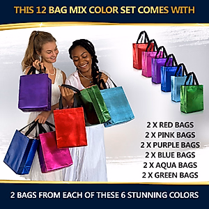 Nush Nush Mix Color Gift Bags Medium Size – 12 Reusable Gift Bags With Handles From Six Different Stunning Colors - Perfect As Goodie Bags, Birthday Gift Bags, Party Favor Bags– 8W x 4L x10H Size