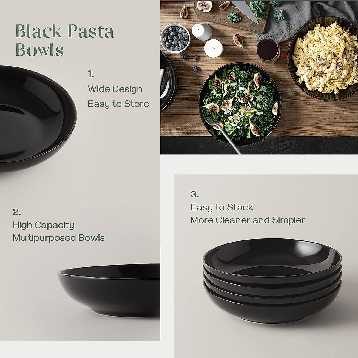 DOWAN 9.75" Large Pasta Bowls, 50 Ounce Large Salad Bowls, Ceramic Pasta Bowls Set of 4, Serving Bowls and Plates Set, Microwave and Dishwasher Safe